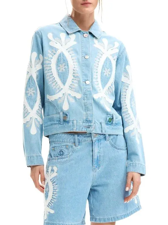 Desigual Beaded Lace Detail Denim Trucker Jacket - Medium Blue
