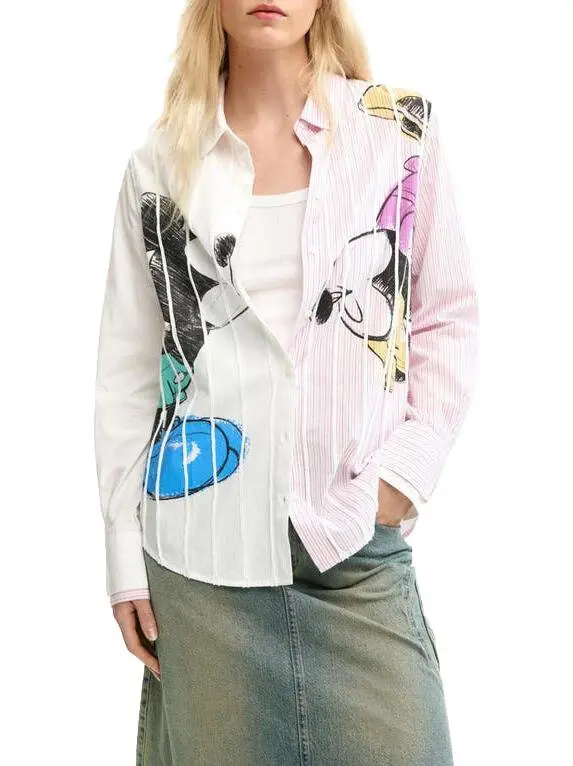 Desigual Mickey & Minnie Mouse Graphic Button-up Shirt - White