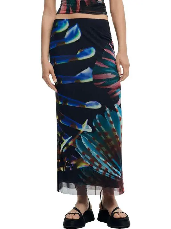 Desigual Graphic Mesh Maxi Skirt - Black