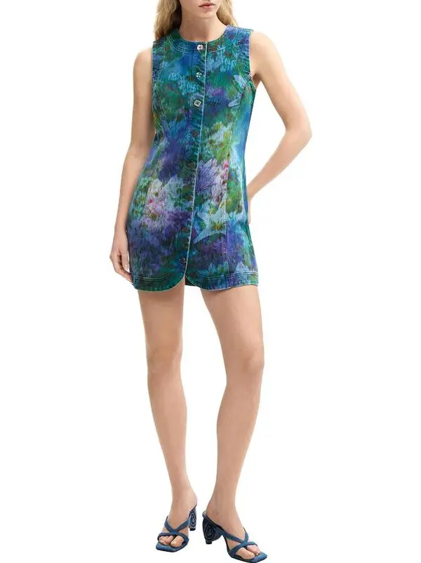 Desigual Floral Print Denim Minidress - Dark Blue