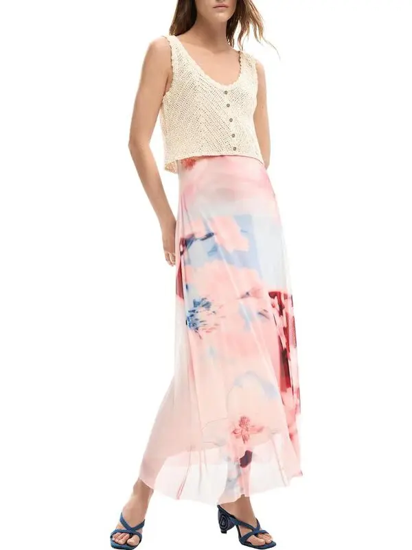 Desigual Crochet Bodice Floral Block Midi Dress - Pink