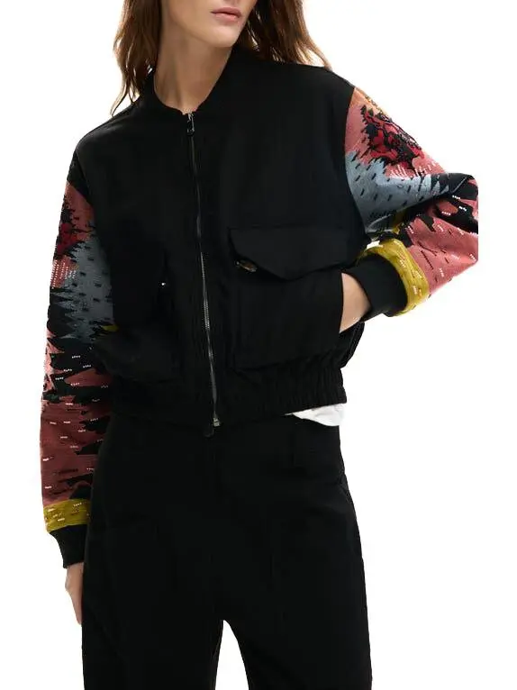 Desigual Bead Detail Mixed Media Bomber Jacket - Black