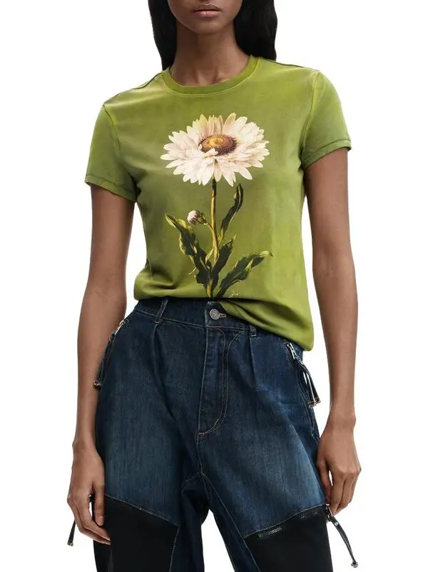 Desigual Floral Cotton Graphic T-shirt - Military Green