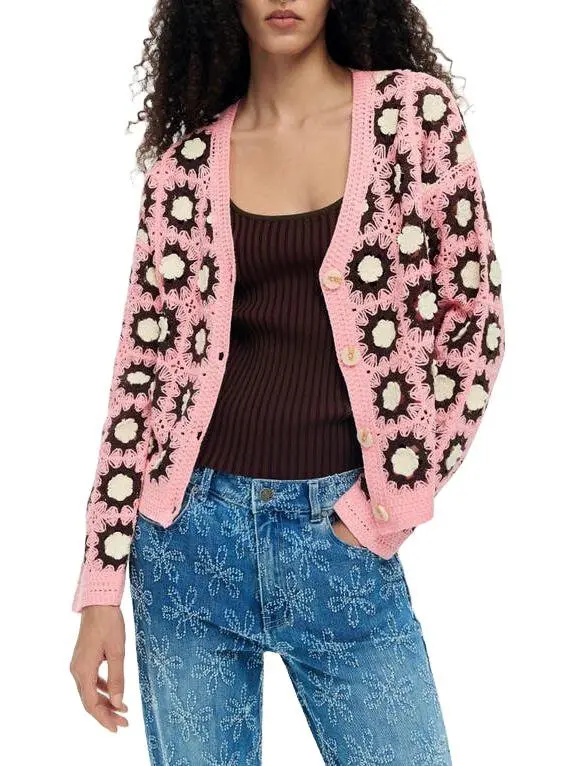Desigual Cotton-blend Crochet Granny Square Cardigan - Dark Pink