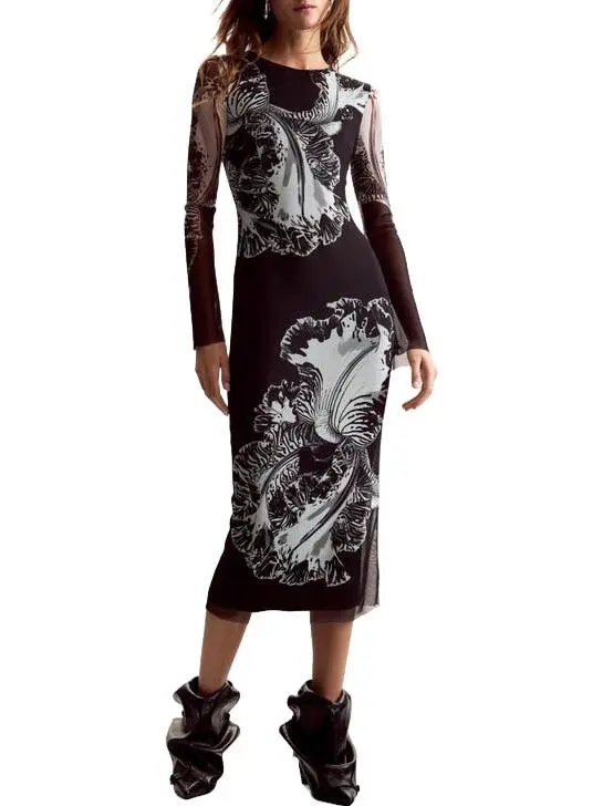 Desigual Floral Print Long Sleeve Midi Dress - Black
