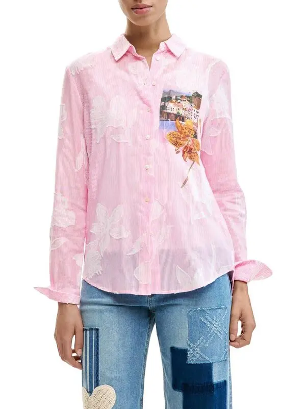 Desigual Floral Appliqué Stripe Graphic Button-up Shirt - Pink