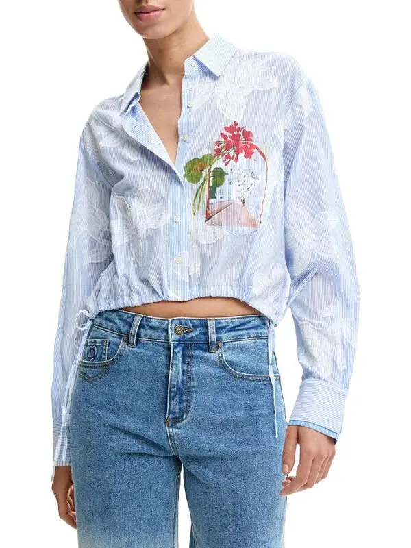 Desigual Floral Print Drawstring Crop Button-up Top - Blue