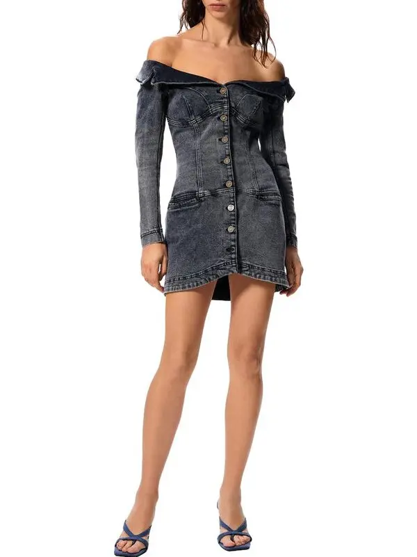 Desigual X Masha Popova Long Sleeve Off The Shoulder Denim Minidress - Gray