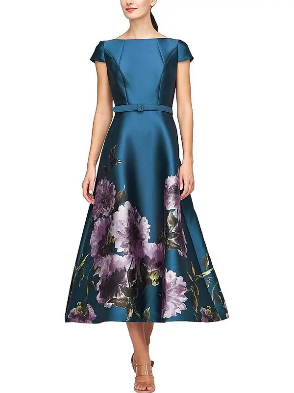 KAY UNGER Ina Tea Length Dress - Teal Blue/ Purple