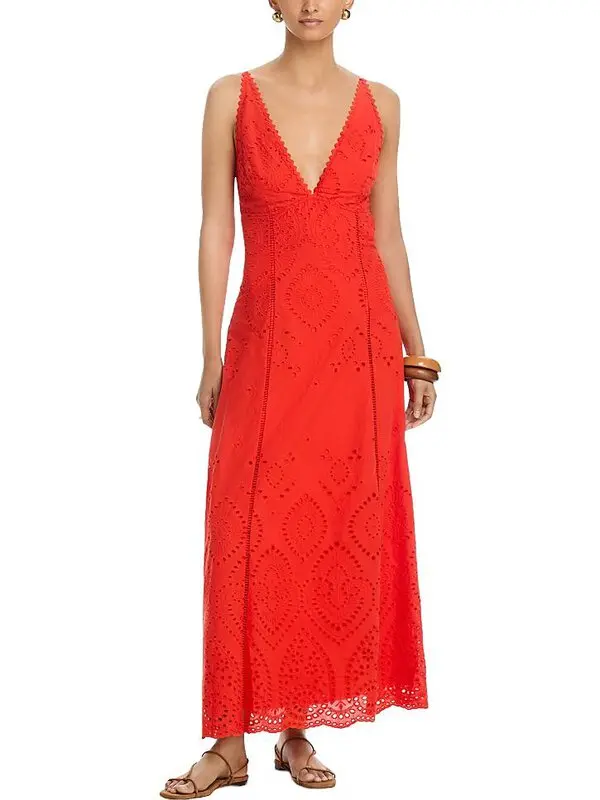 Aqua Eyelet V Neck Maxi Dress Exclusive - Orange Red