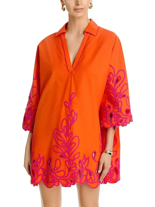 Cinq À Sept Paisley Bloom Embr Arcia Kaftan Dress - Bright Clementine / Azalea