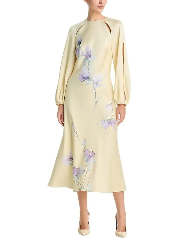 Rickie Freeman For Teri Jon Satin Slit Sleeve Dress - Yellow Multi