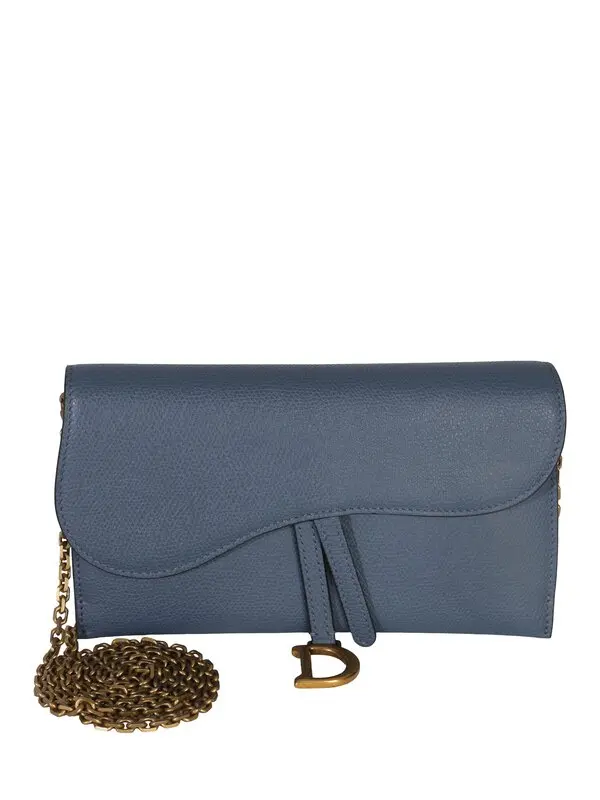 Dior Grained Calfskin Saddle Pouch With Chain - Blue