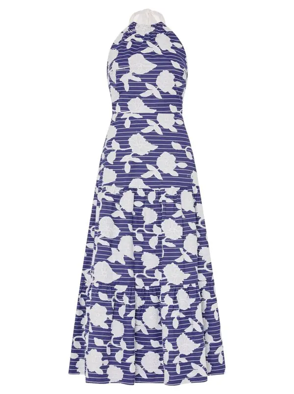 MILLY Floral Embroidered Midi Dress - Blue/white