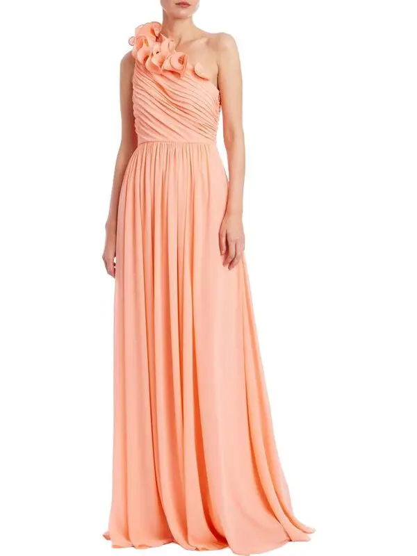 Badgley Mischka Frill Pleated One-shoulder Gown - Coral