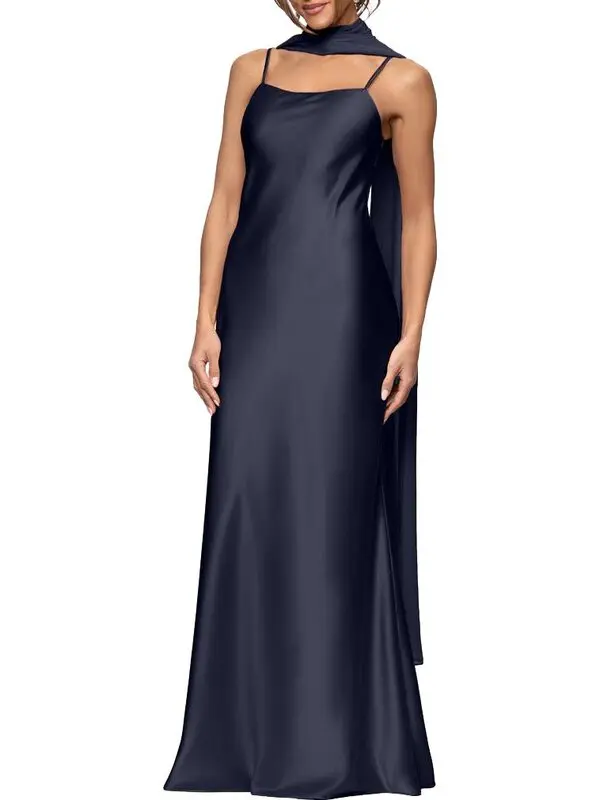 XSCAPE EVENINGS Satin Gown With Chiffon Overlay - Navy