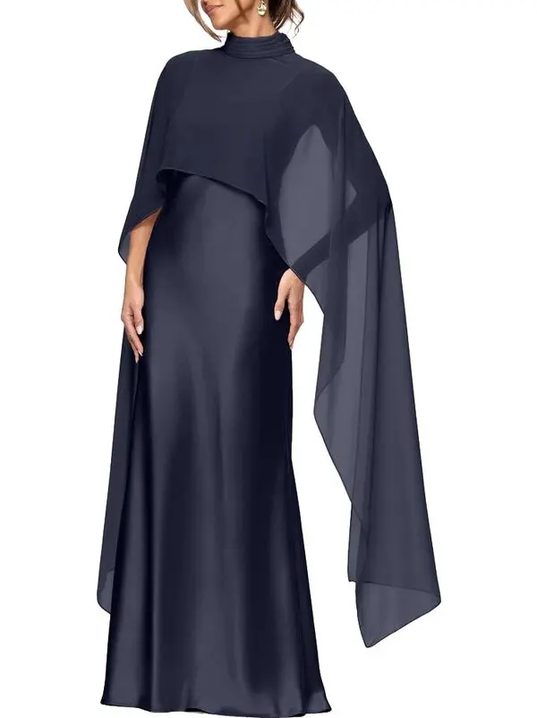 XSCAPE EVENINGS Satin Gown With Chiffon Overlay - Navy