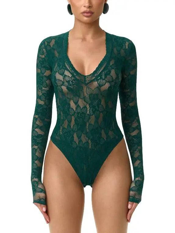 Naked Wardrobe Deep V-neck Long Sleeve Lace Bodysuit - Pine Green