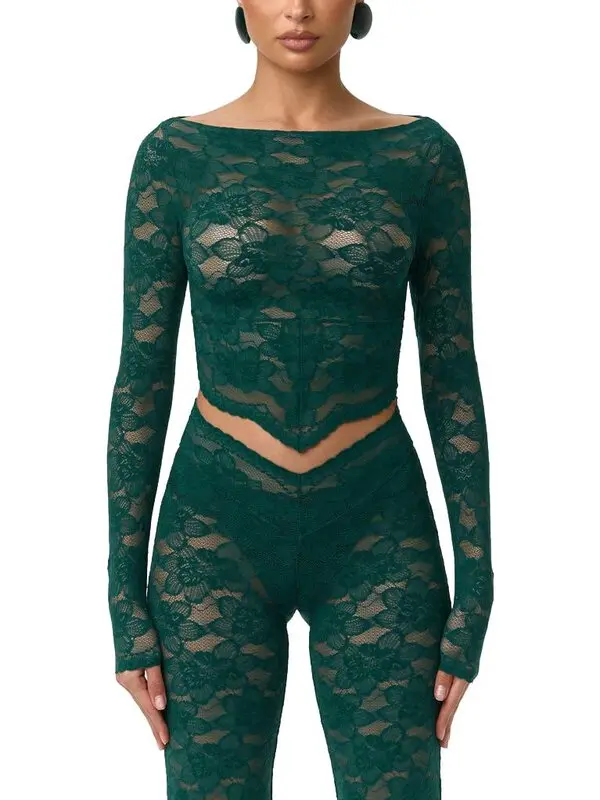 Naked Wardrobe Lace Crop Top - Pine Green
