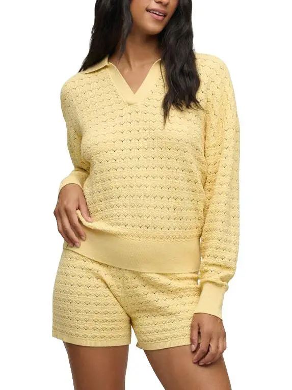 Barefoot Dreams Heathered Cotton Tulip Pointelle Collared Pullover - Canary