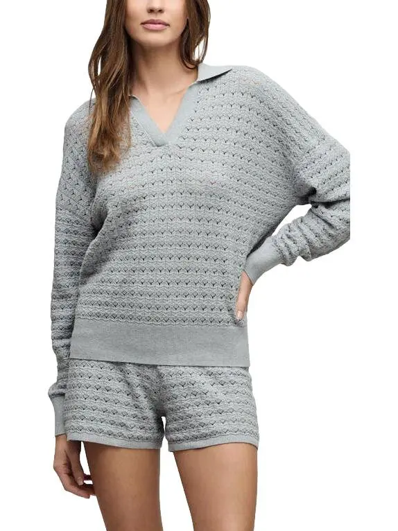 Barefoot Dreams Heathered Cotton Tulip Pointelle Collared Pullover - Frost