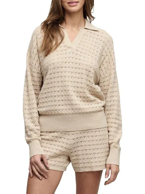 Barefoot Dreams Heathered Cotton Tulip Pointelle Collared Pullover - Stone
