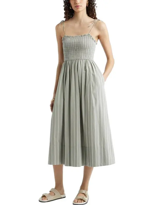 Nordstrom Smocked Sleeveless Flare Midi Dress - Green- Ivory Sadie Stripe