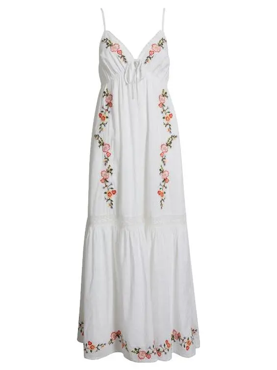 Treasure & Bond Floral Lace-trim Babydoll Maxi Dress - White Multi Emb Floral