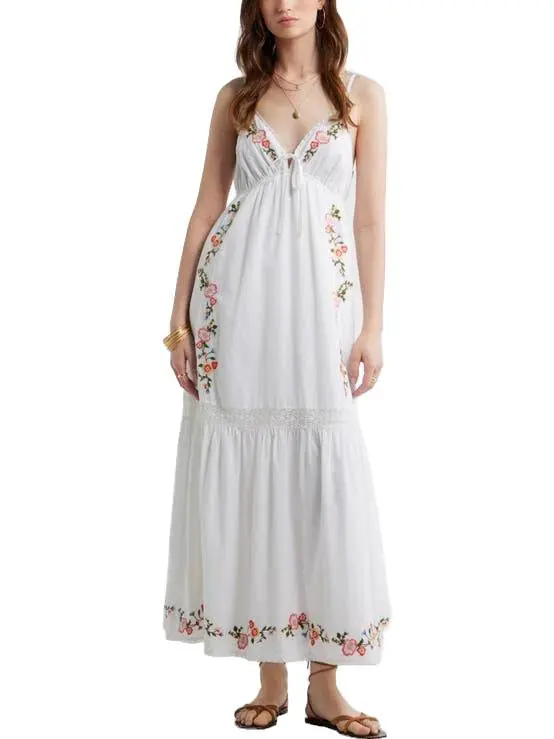 Treasure & Bond Floral Lace-trim Babydoll Maxi Dress - White Multi Emb Floral