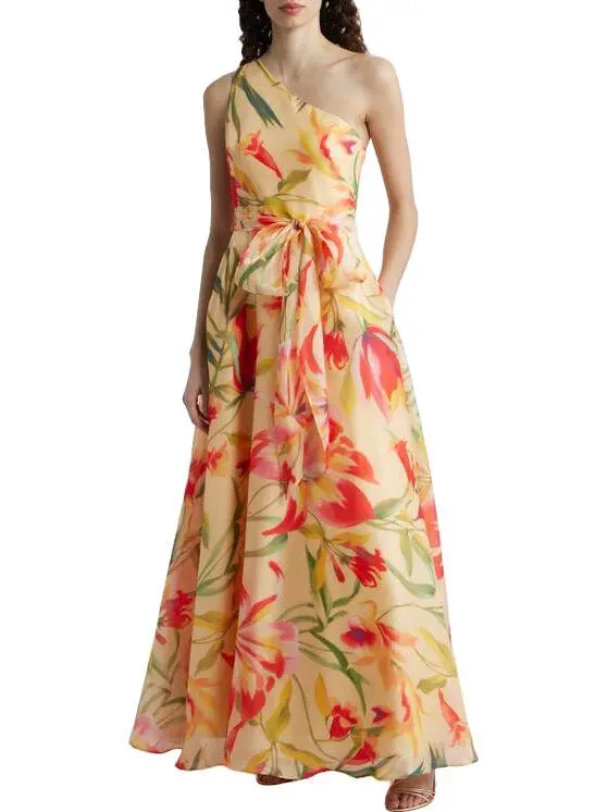 Eliza J Floral One-shoulder Gown - Yellow