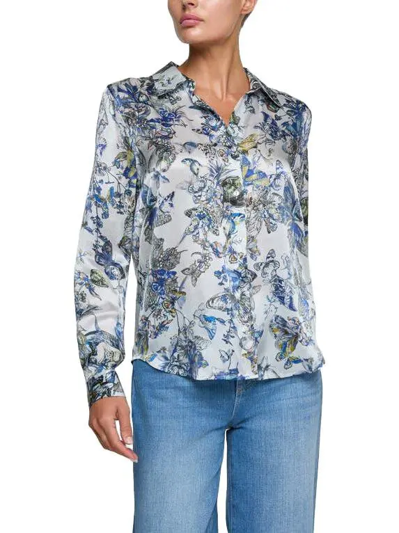 L'Agence Tyler Butterfly Print Silk Shirt - Multi Blue