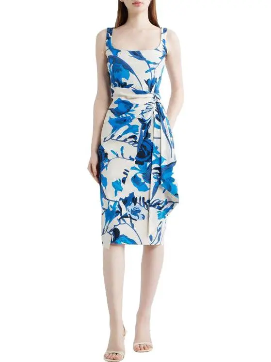 Chiara Boni La Petite Robe Floral Ruffle Detail Cocktail Sheath Dress - Carole Blue