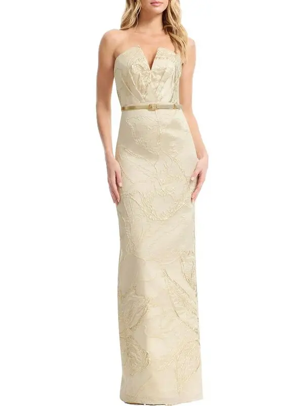 Dress The Population Kahlani Metallic Floral Jacquard Strapless Gown - Champagne Multi