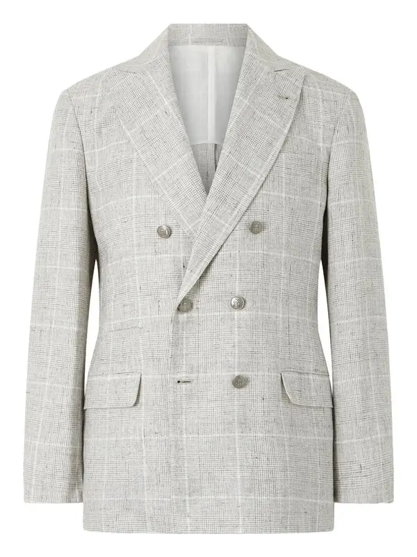 Brunello Cucinelli Double-breasted Checked Linen-blend Suit Jacket - Neutrals