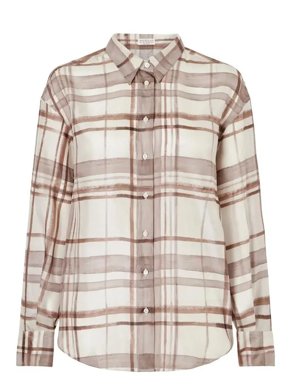 Brunello Cucinelli Checked Silk-satin Shirt - Brown