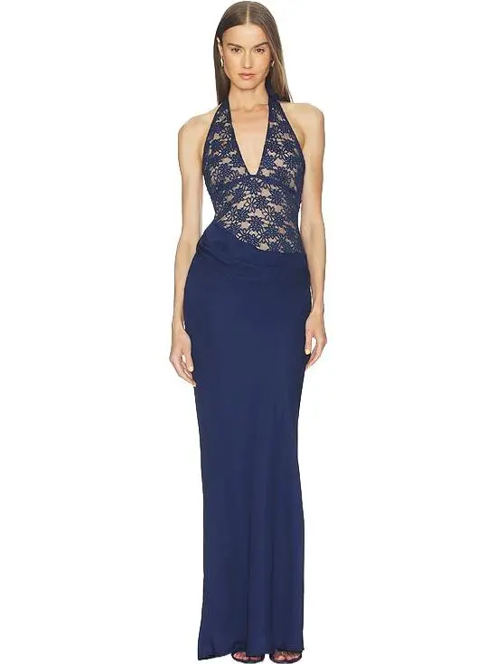 RUNAWAY THE LABEL Lina Halter Draped Maxi Dress - Navy