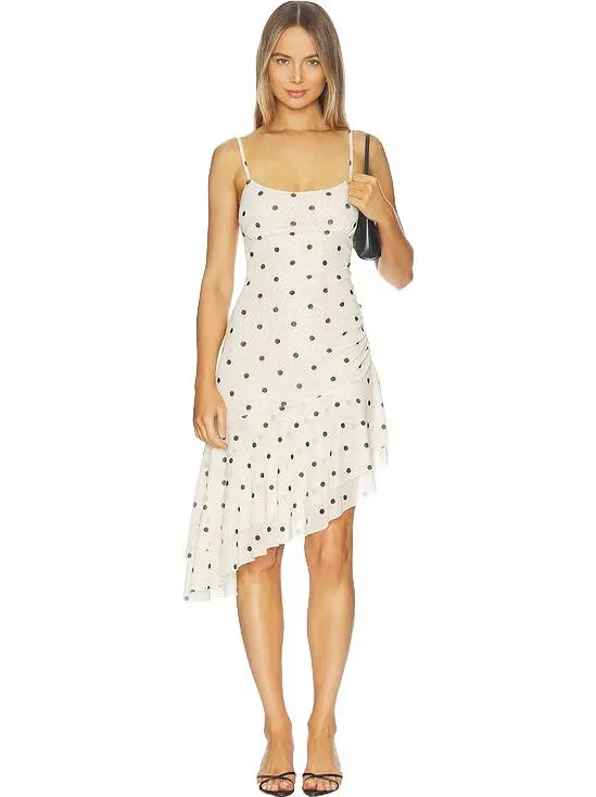 WITH HARPER LU Asymmetrical Frill Midi Dress - Ivory Polka