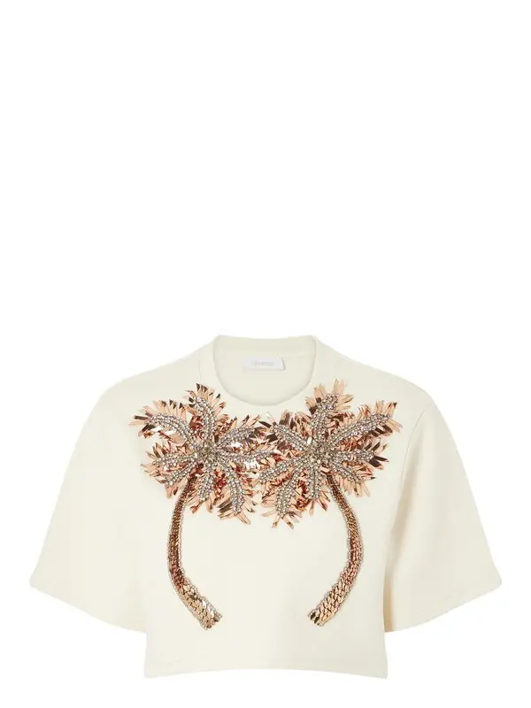 Rabanne Cropped Crystal-embellished Jersey T-shirt - Neutrals