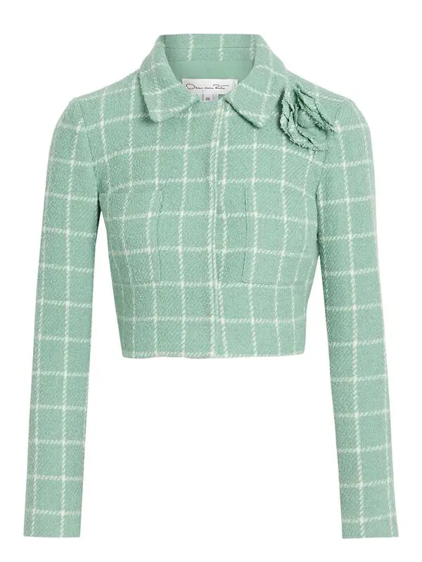 Oscar De La Renta Cropped Checked Tweed Jacket - Mint