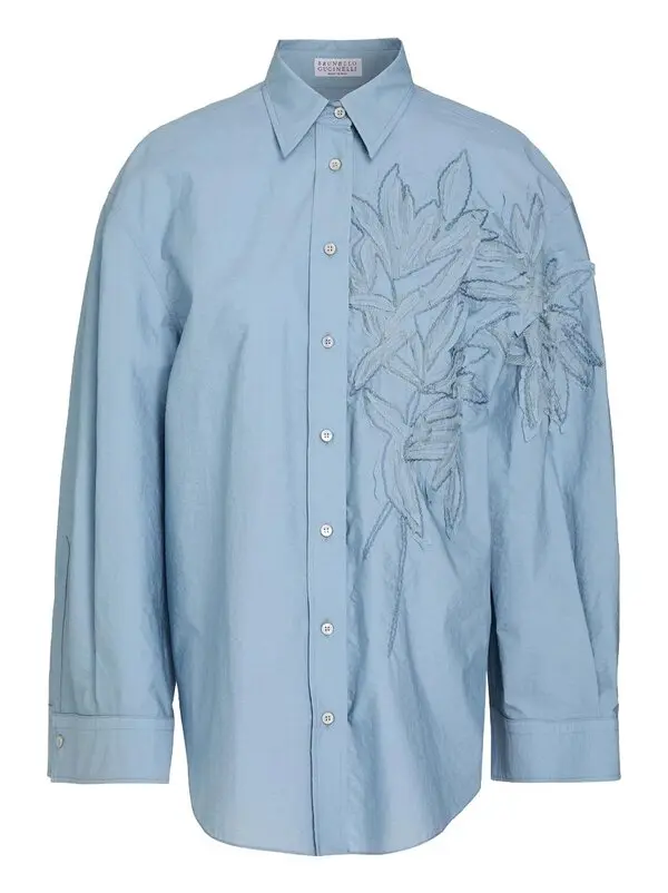 Brunello Cucinelli Appliquéd Cotton-blend Poplin Shirt - Light Blue