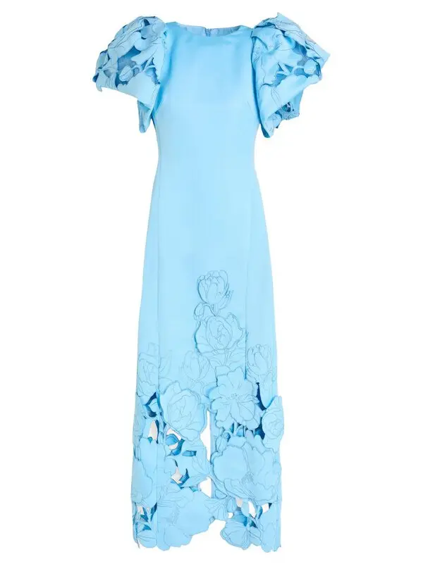 LEO LIN Lucinda Floral-appliquéd Satin Maxi Dress - Light Blue