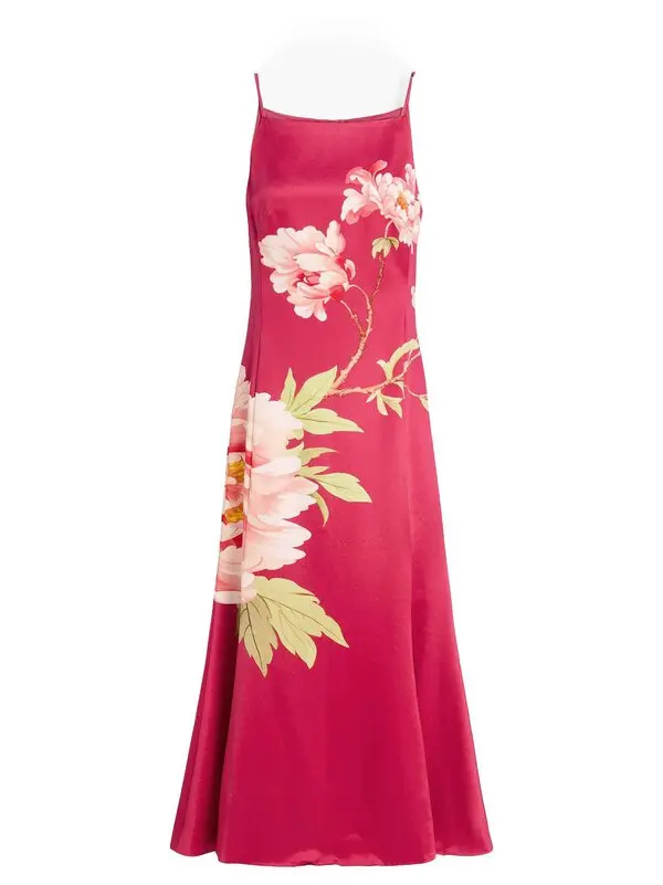 LEO LIN Regina Fluted Floral-print Midi Dress - Crimson