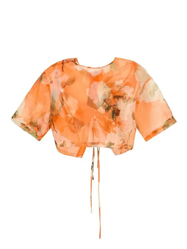 LEO LIN Indie Cropped Floral-print Silk-organza Top - Orange