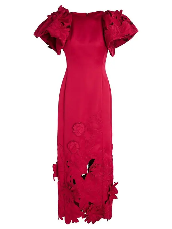 LEO LIN Lucinda Floral-appliquéd Satin Maxi Dress - Crimson