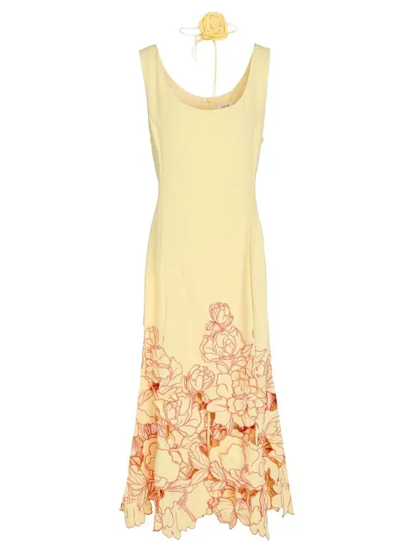 LEO LIN Emily Floral-appliquéd Satin Midi Dress - Pastel Yellow