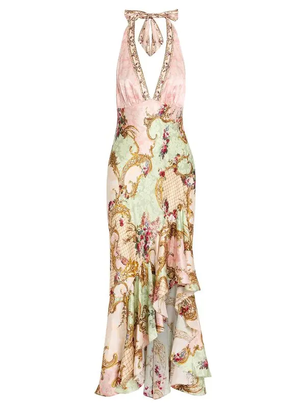 Camilla Crystal-embellished Printed Silk-satin Halterneck Maxi Dress - Pastel Pink