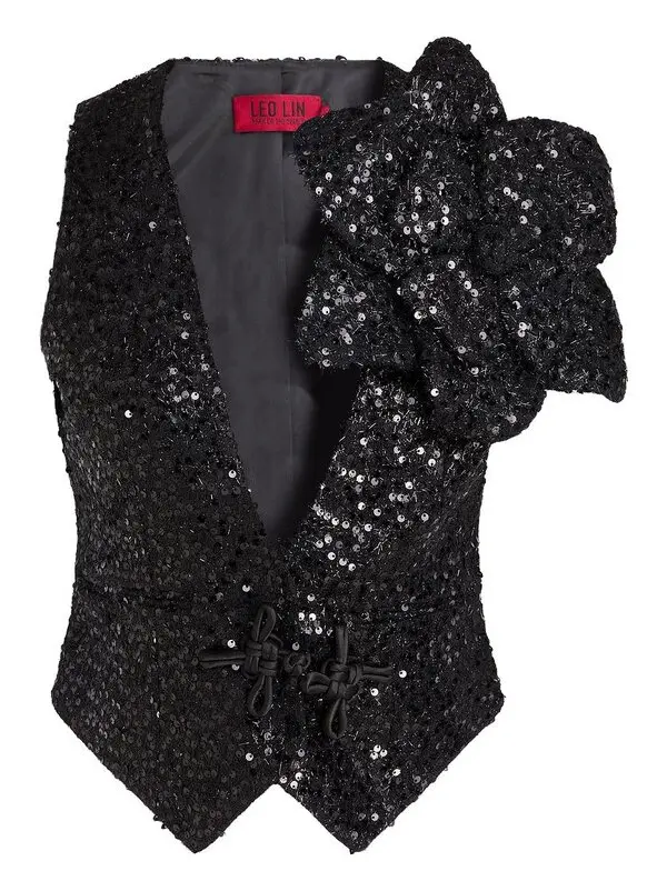 LEO LIN Anna Mary Sequined Floral-appliquéd Tweed Vest - Black