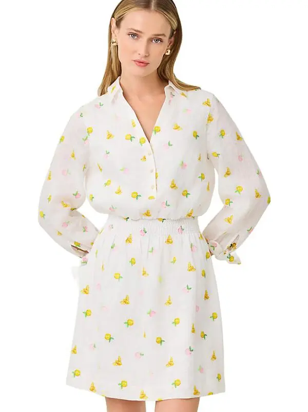 LILLY PULITZER Embroidered Linen Shirtdress - Pink Muse Lemon Bee Half Drop