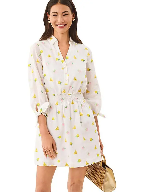 Lilly Pulitzer® Embroidered Linen Shirtdress - Pink Muse Lemon Bee Half Drop