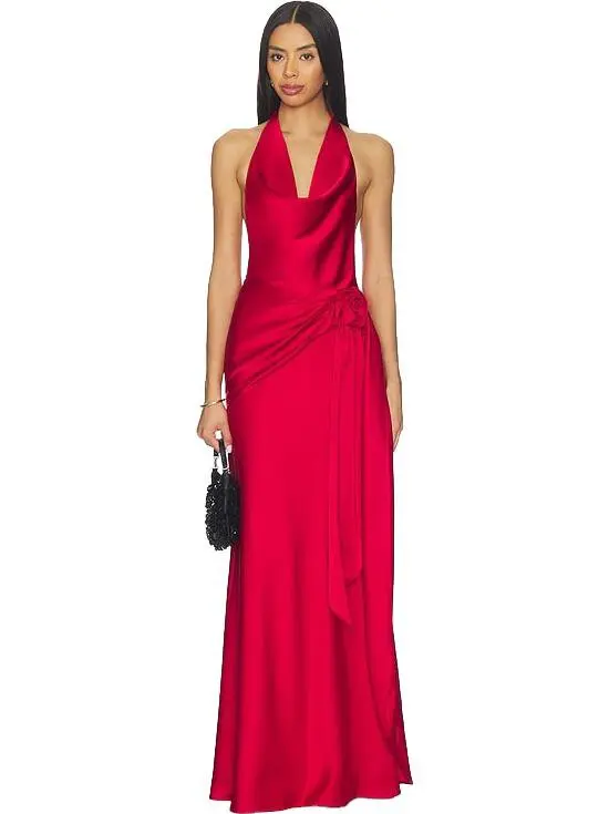 SONYA MODA Halterneck Draped Neckline Gown - Red
